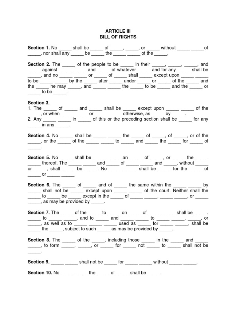 ARTICLE III BILL OF RIGHTS-Fill in The Blanks Exercise | PDF | Article ...