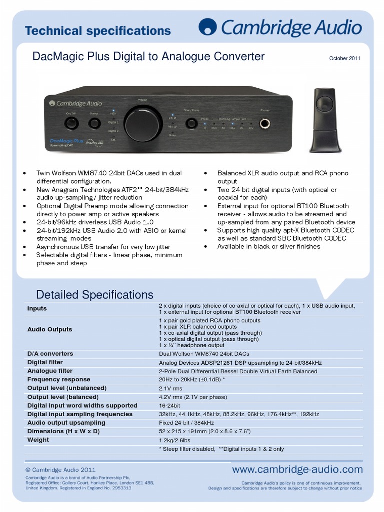 DacMagic Plus Technical Specifications | PDF | Digital To Analog ...