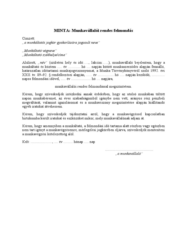 Minta Munkavallaloi Felmondas | PDF