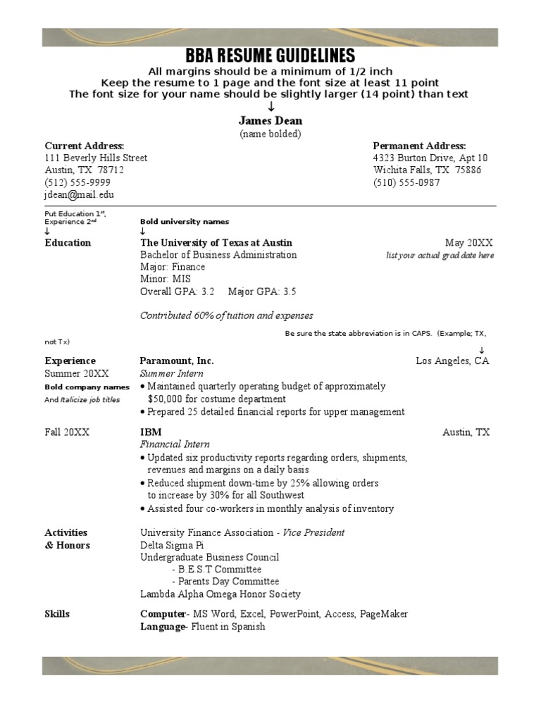 Bba Resume Template