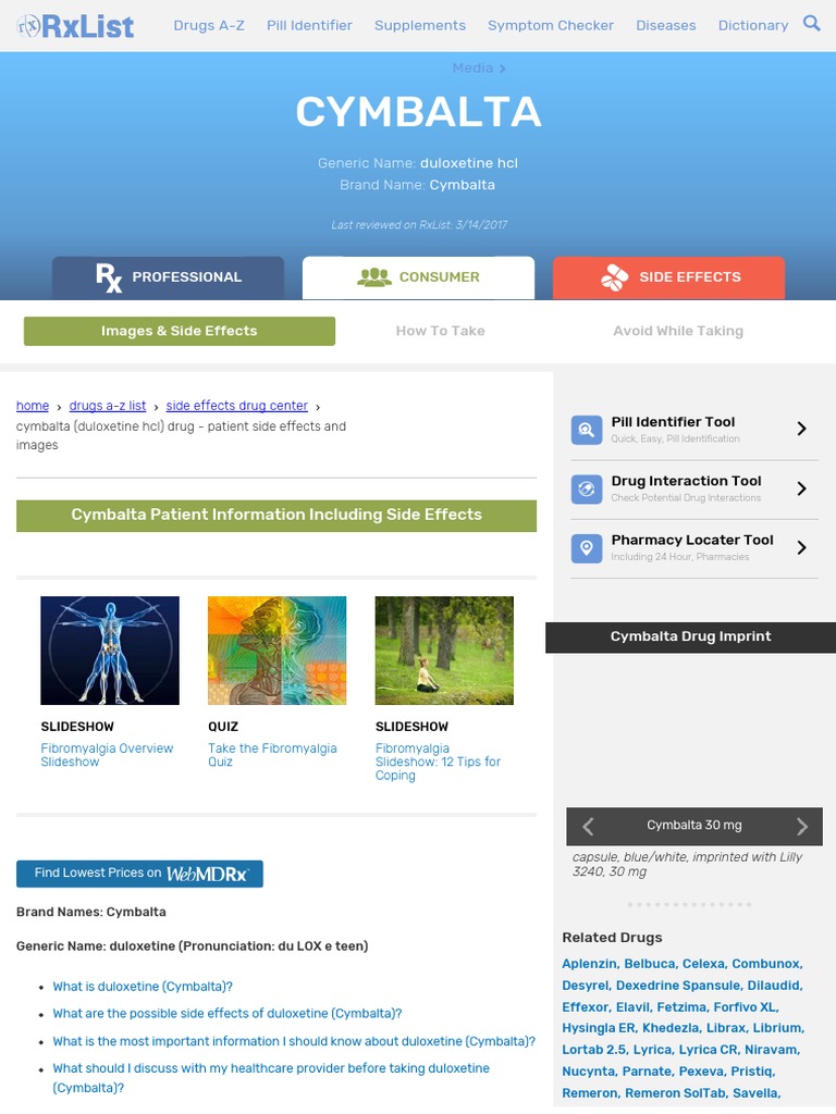 Cymbalta (Duloxetine HCL) Patient Information - Side Effects and Drug ...