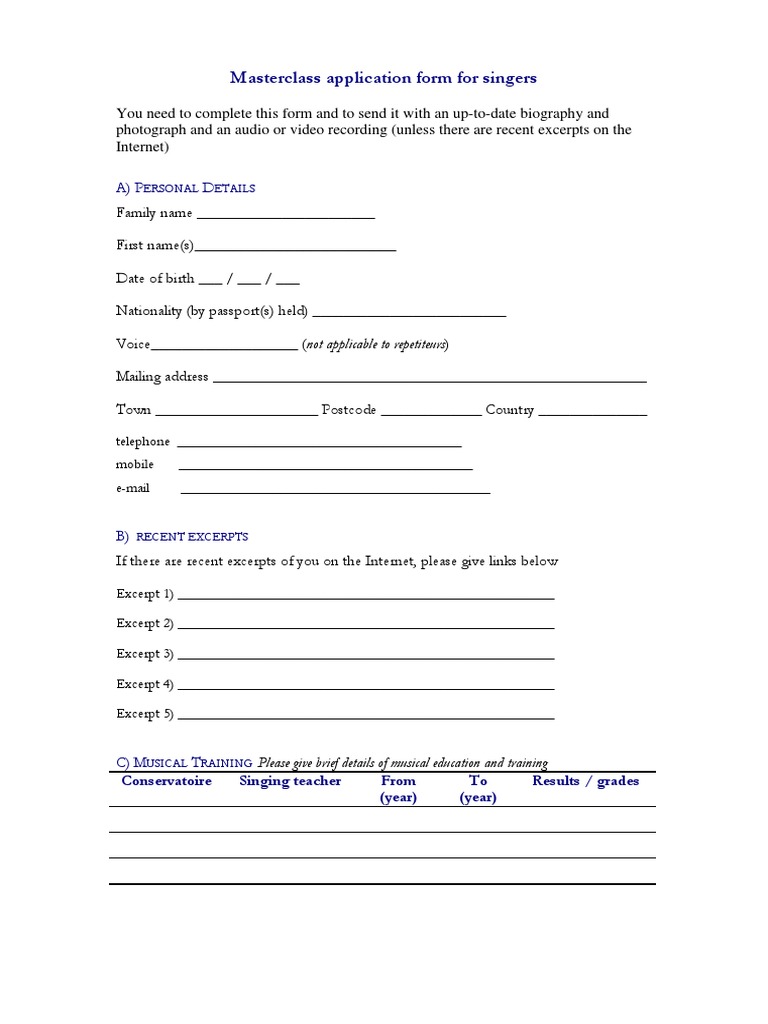 Masterclass Application Form | PDF