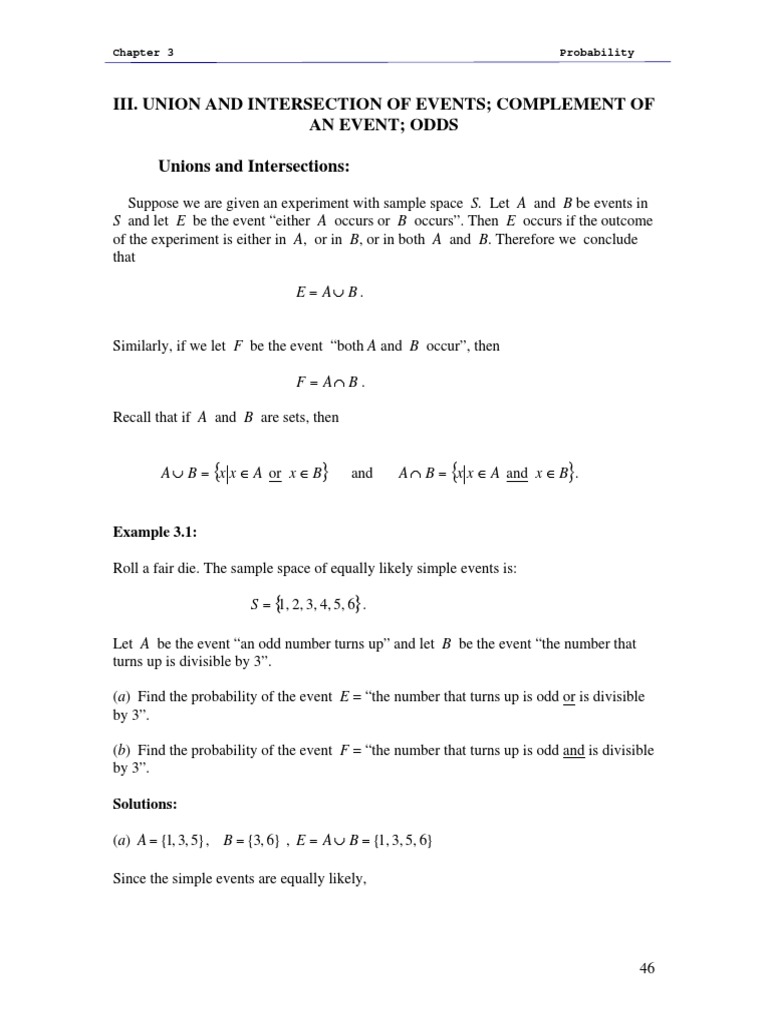 Iii. Union and Intersection of Events Complement of An Event Odds Unions and Intersections ...