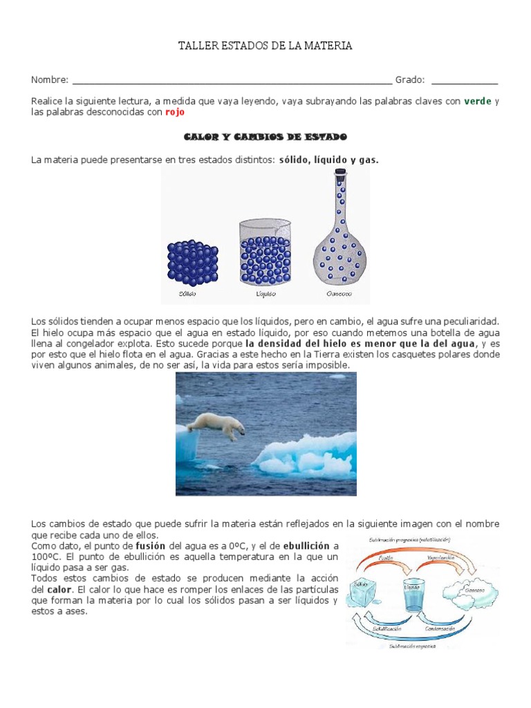 Taller Estados de La Materia Quinto | PDF | Calor | Líquidos