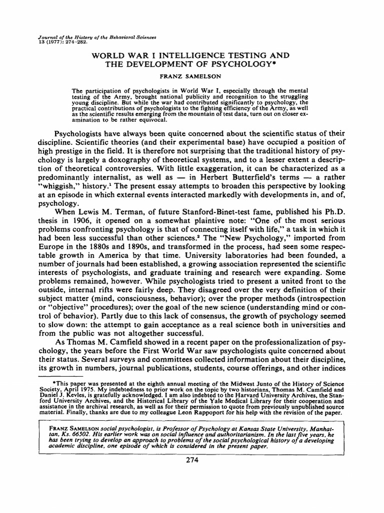 World War I Intelligence Testing and The Development of Psychology ...