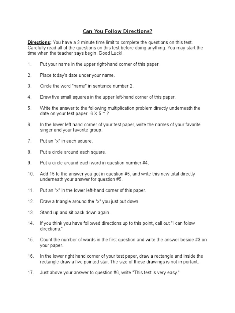 Following Directions Test Instructions | PDF | Language Arts & Discipline