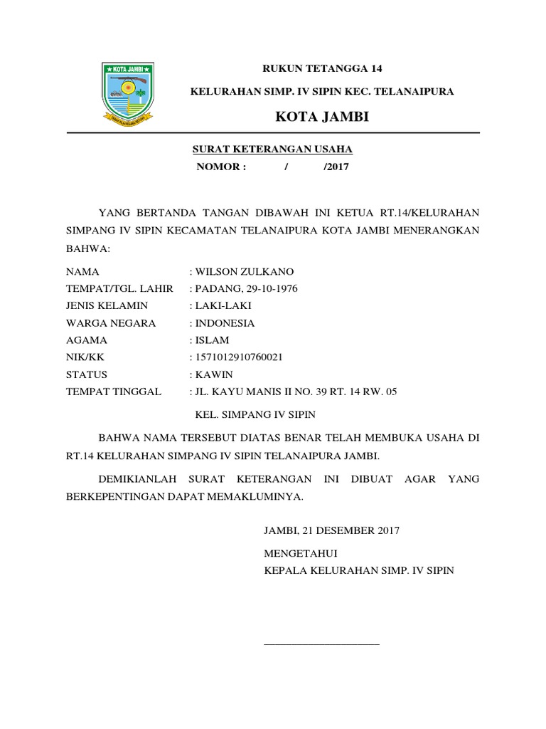 Surat Keterangan Usaha Word - Contoh Surat