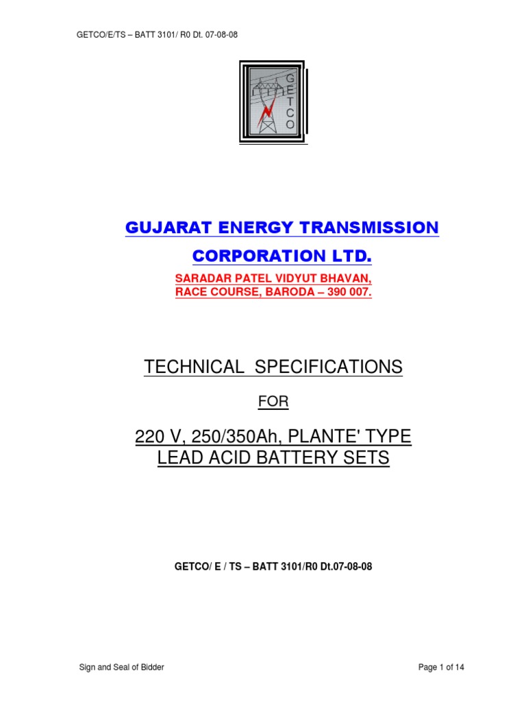 Plante Type Lead Acid Battery Specs | PDF | Battery (Electricity ...