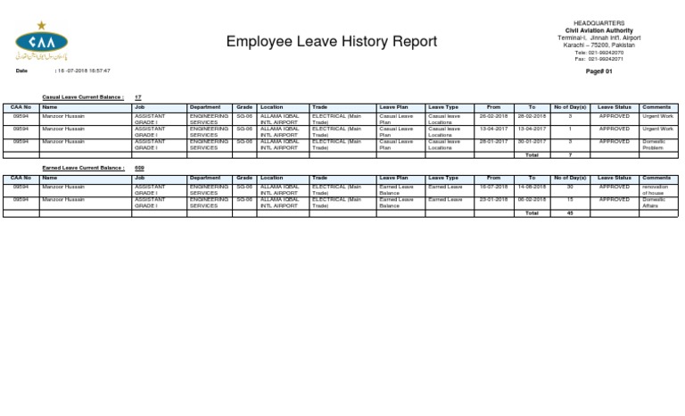 Employee Leave History Report: Civil Aviation Authority | PDF ...