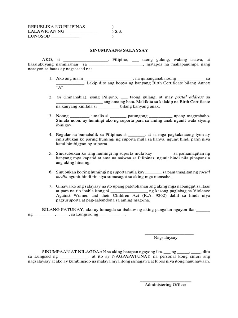 Sinumpaang Salaysay (Para Sa Paghahabla VAWC) | PDF