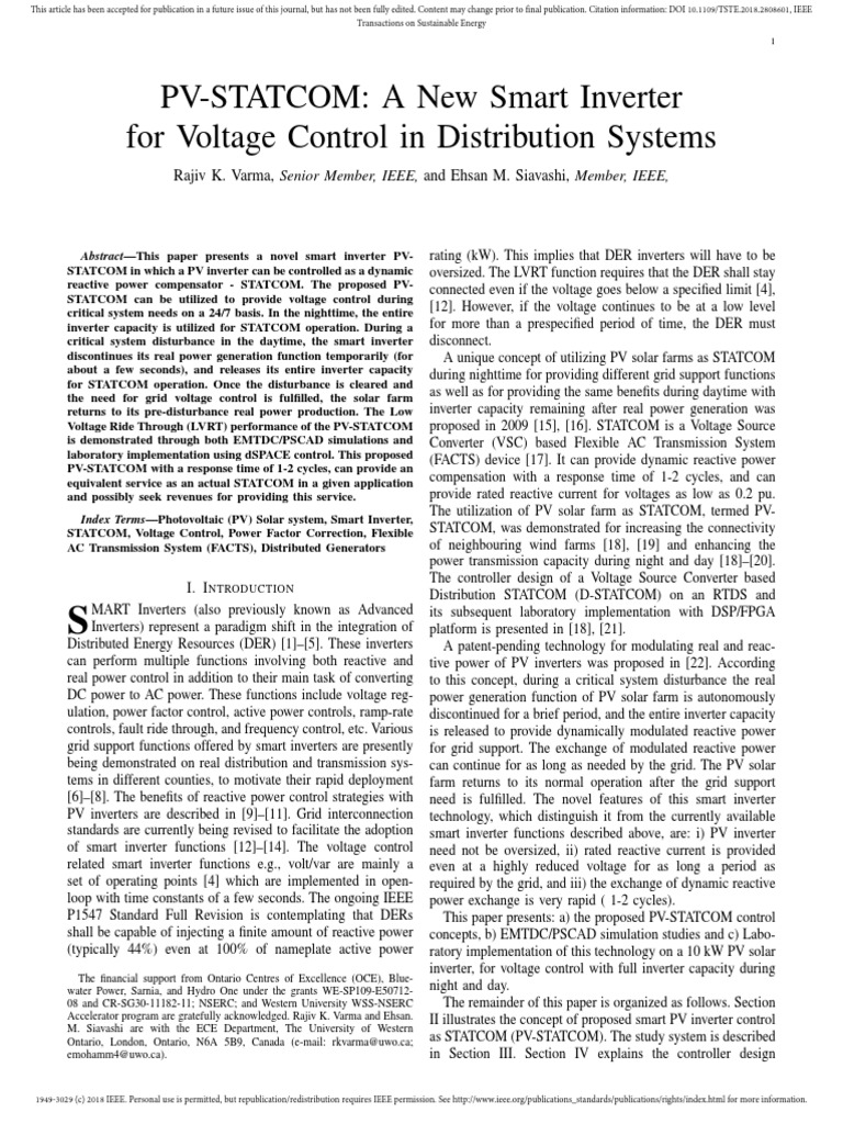 PV-STATCOM: A New Smart Inverter For Voltage Control in Distribution Systems | PDF | Power ...