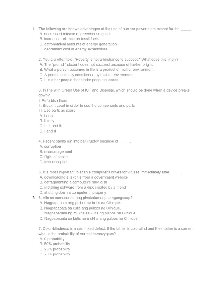 Analysis of a Sample Exam with Multiple Choice and True or False ...