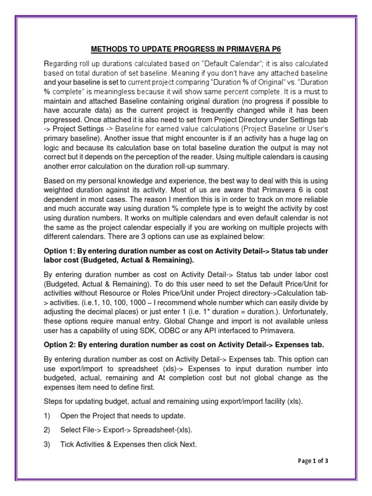 Methods To Update Progress in Primavera P6: Page 1 of 3 | PDF ...
