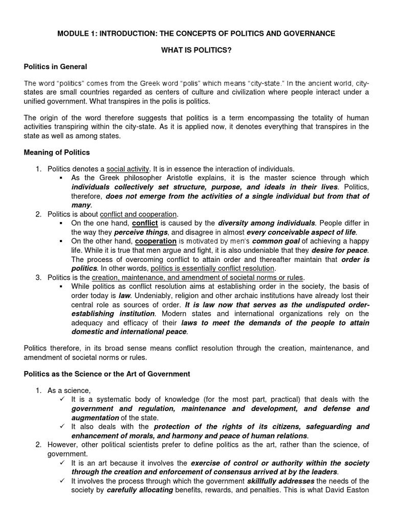 Module 1 Introduction To Politics | PDF | Good Governance | Governance