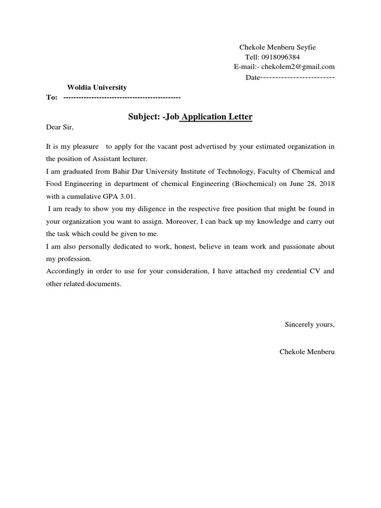 Subject: - Job Application Letter: Woldia University To | PDF