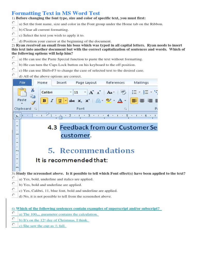 Formatting Text in MS Word Test | PDF | Microsoft Word | Text
