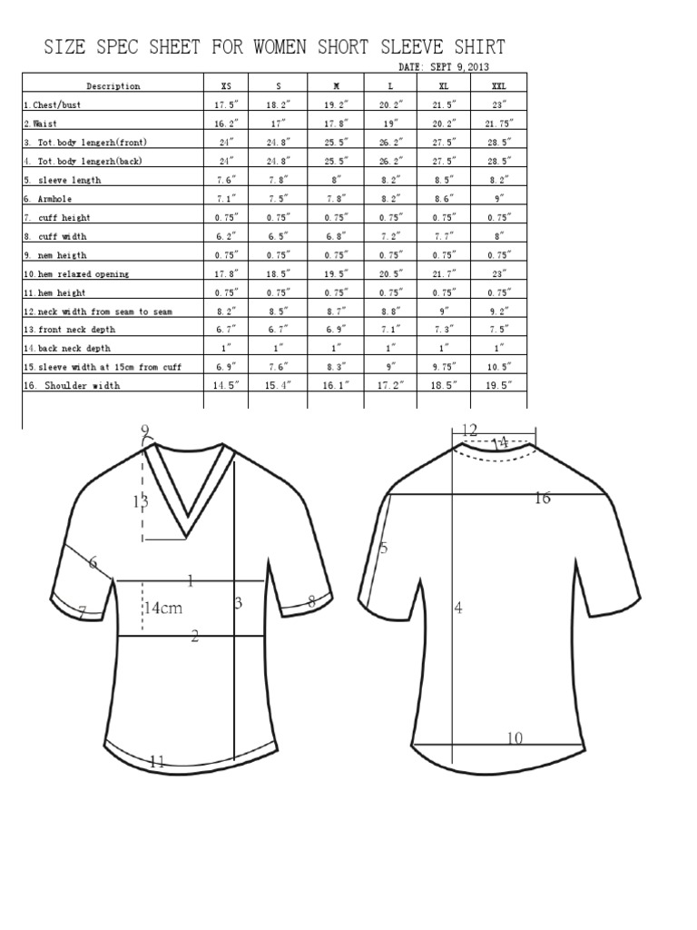 Size Spec Sheet For Women Short Sleeve Shirt: DATE: SEPT 9,2013 | PDF