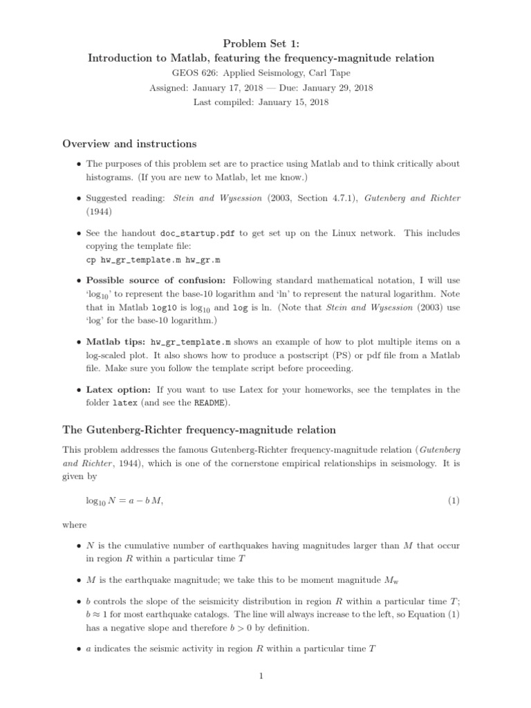 Problem Set 1: Introduction To Matlab, Featuring The Frequency-Magnitude Relation | PDF | Moment ...