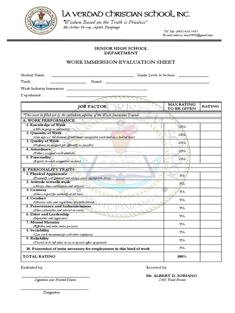 Evaluation Work Immersion 1 | PDF | Employment | Action (Philosophy)