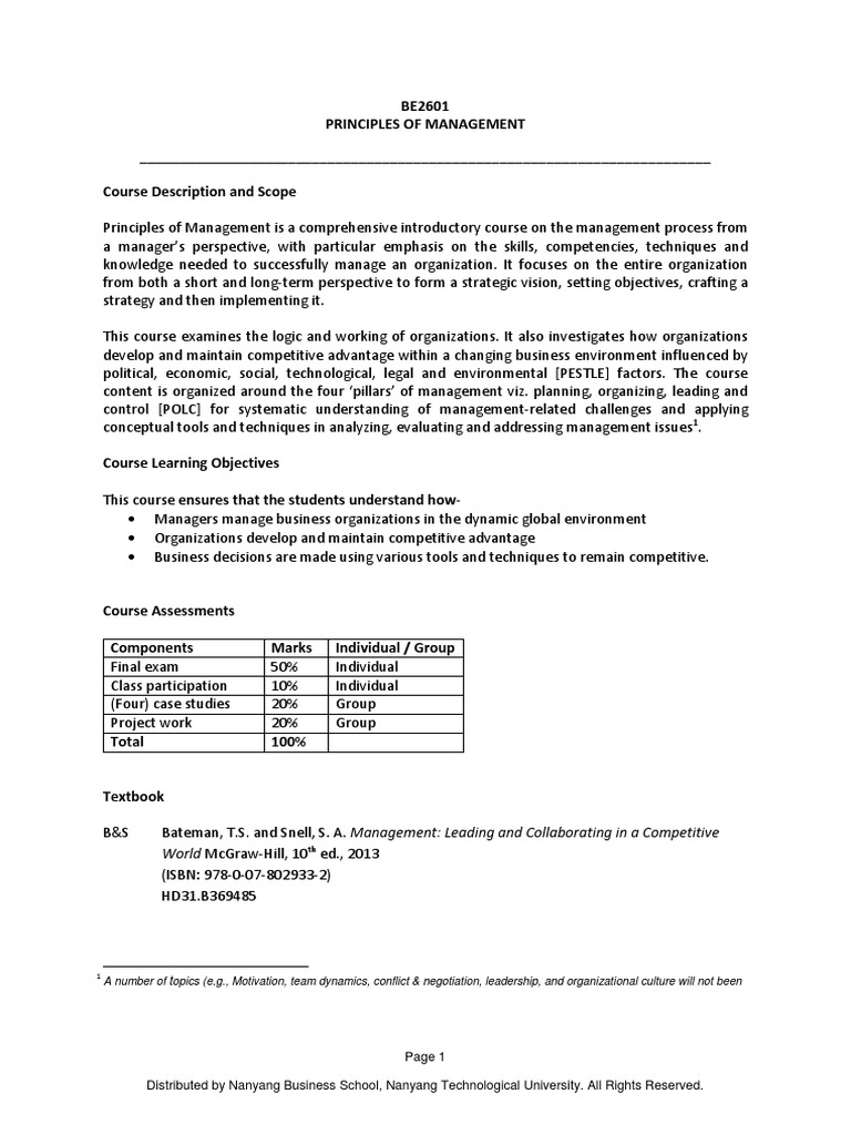BE2601 Principles of Management - Course Description and Scope | PDF ...