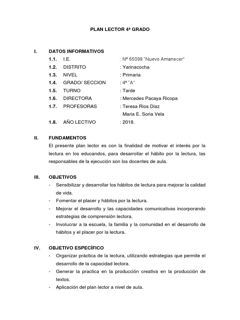 Plan Lector 4 Grado | PDF | Lectura (proceso)