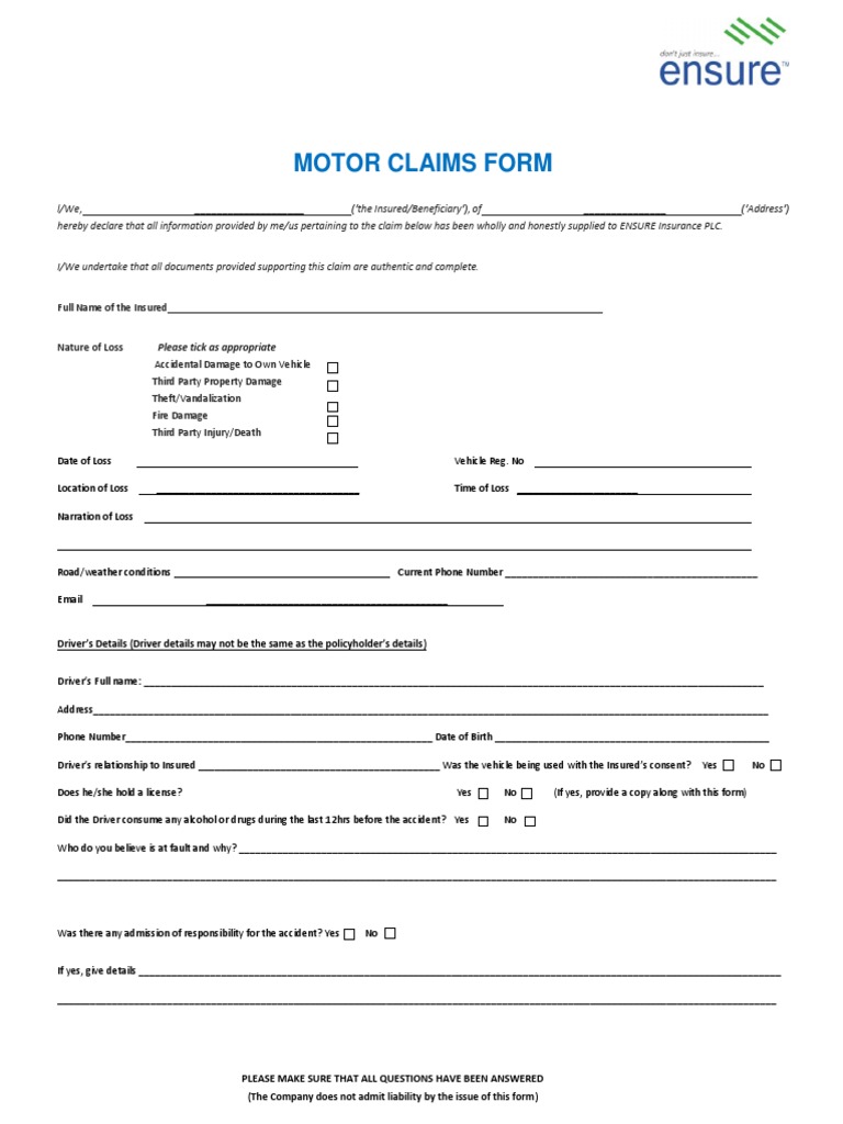 Motor Claims Form | PDF | Insurance | Private Law
