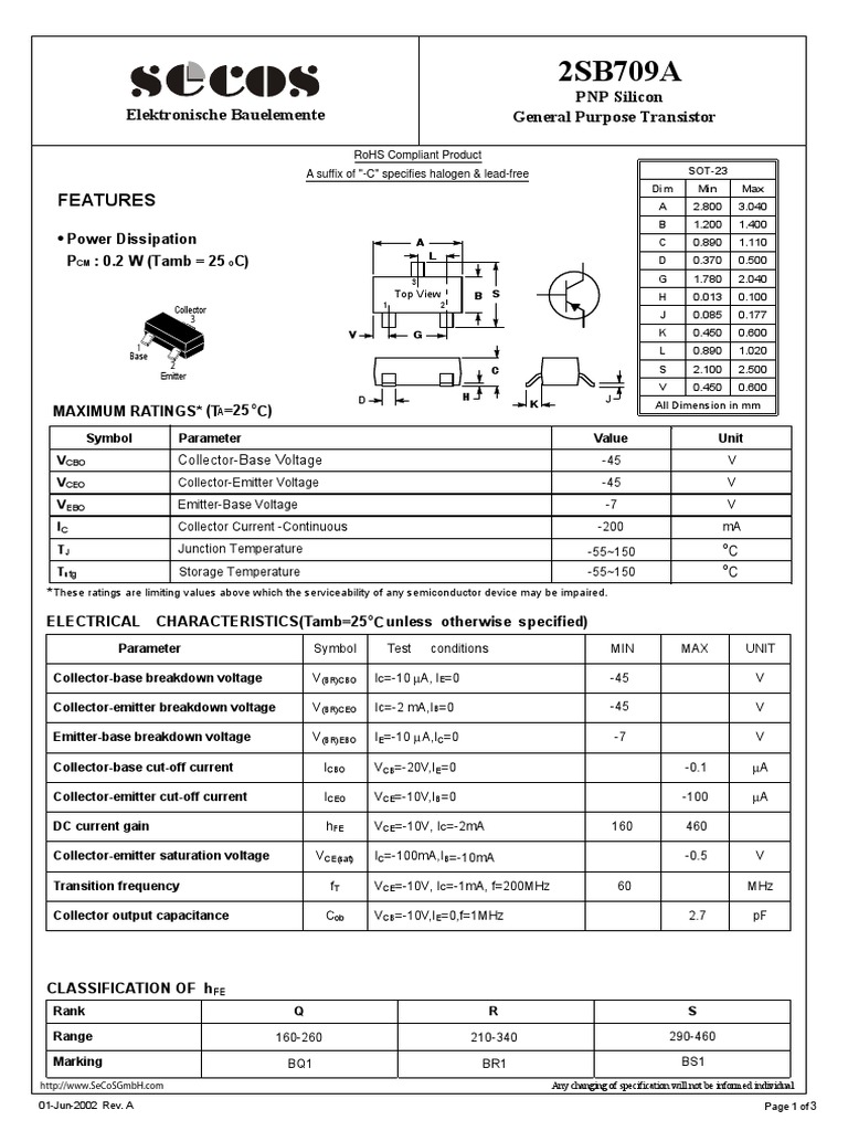 2SB709A PNP Transistor Datasheet | PDF | Bipolar Junction Transistor ...