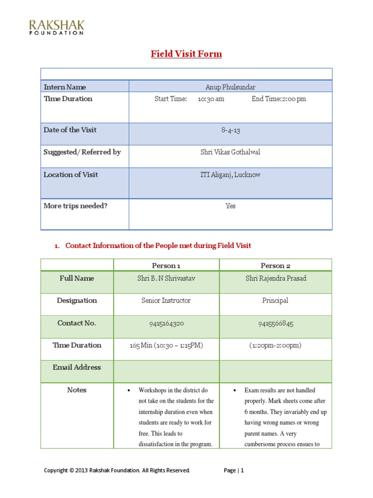 Sample Field Visit Report 2 | PDF | Test (Assessment) | Behavior ...
