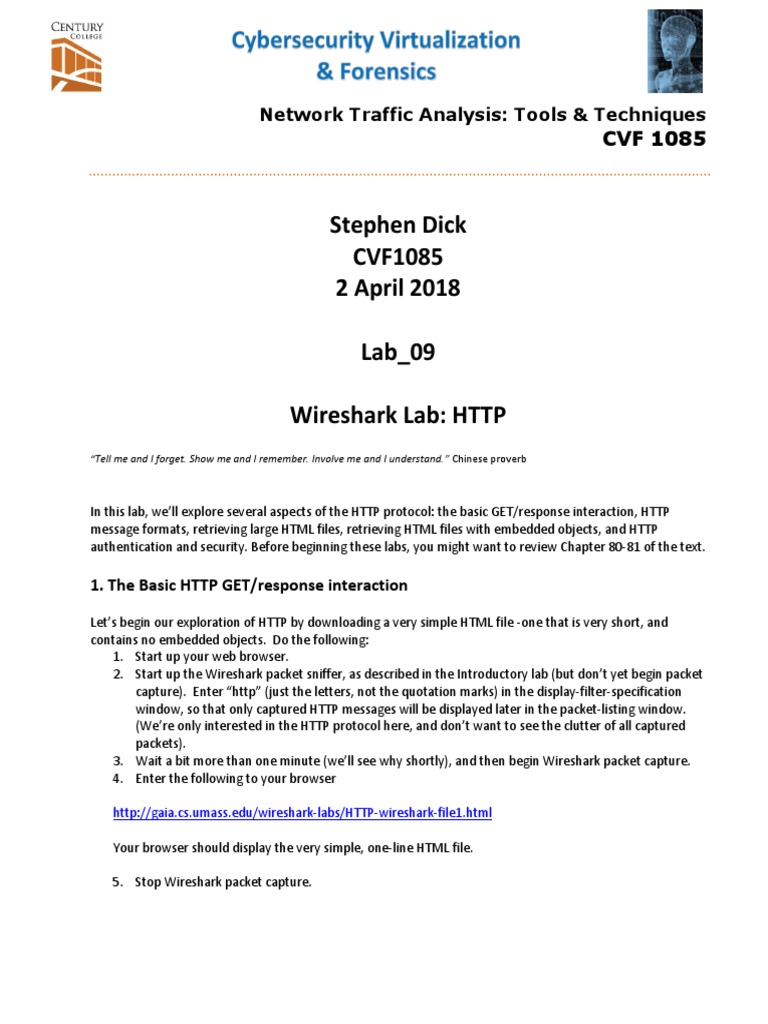 Stephen Dick CVF1085 2 April 2018 Lab - 09 Wireshark Lab: HTTP | PDF | Hypertext Transfer ...