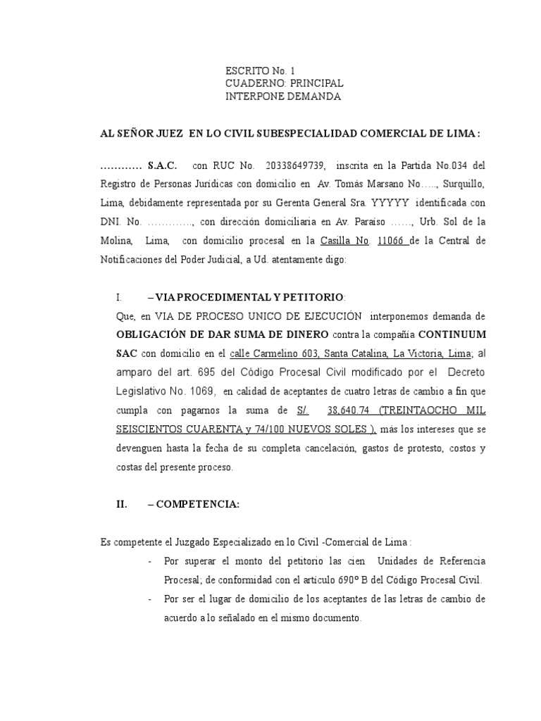 Proceso de Ejecucion Modelo Demanda | PDF | Pagaré | Demanda judicial
