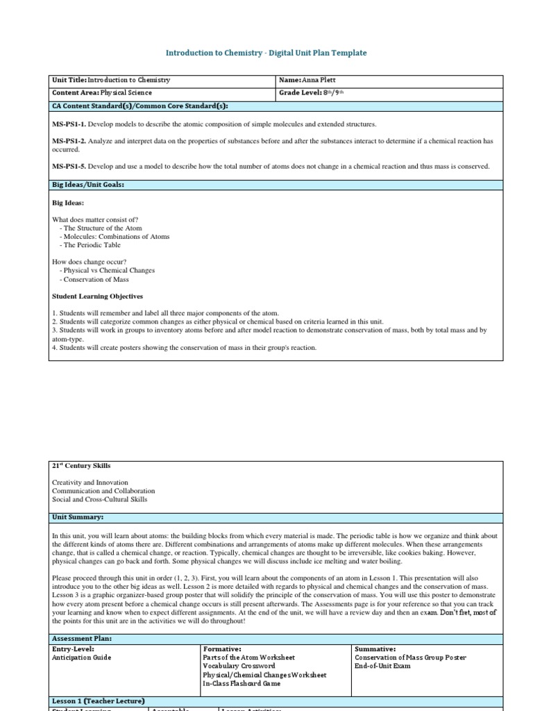 Intro to Chemistry Unit Plan for Grades 8-9 | PDF | Chemical Substances ...