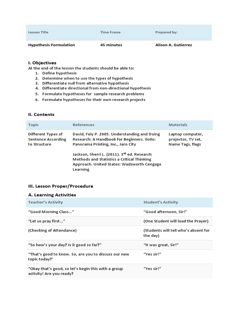 Detailed Lesson Plan | PDF | Null Hypothesis | Hypothesis