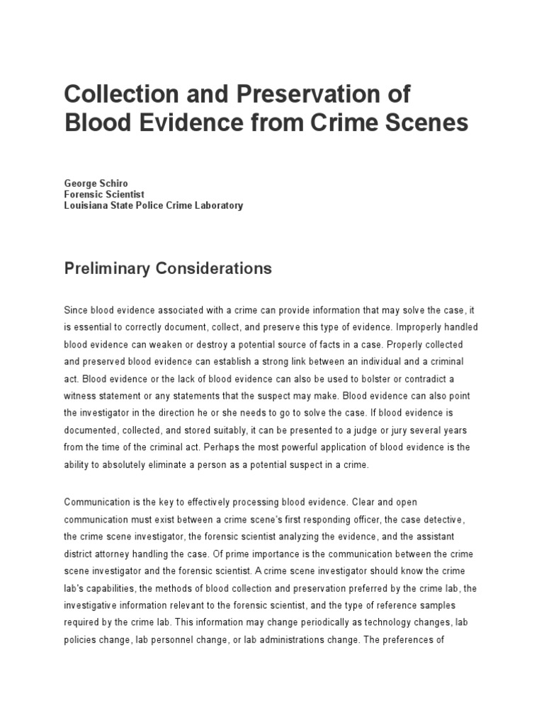 Collection and Preservation of Blood Evidence From Crime Scenes | PDF ...