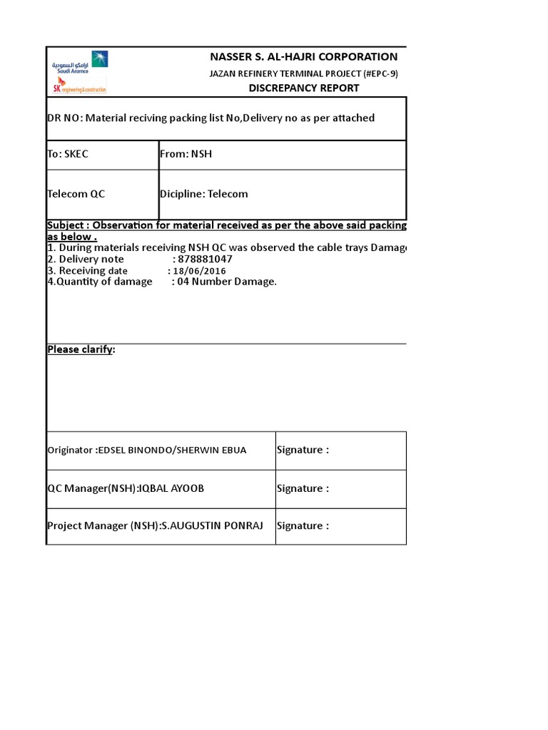 Nasser S. Al-Hajri Corporation: Discrepancy Report | PDF | Mechanical ...