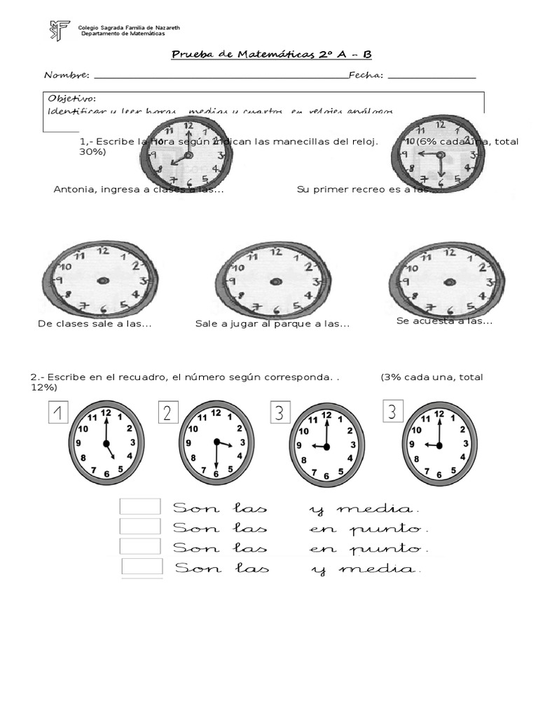 Prueba de Matemáticas: Lectura de Reloj | PDF | Métodos y materiales de ...