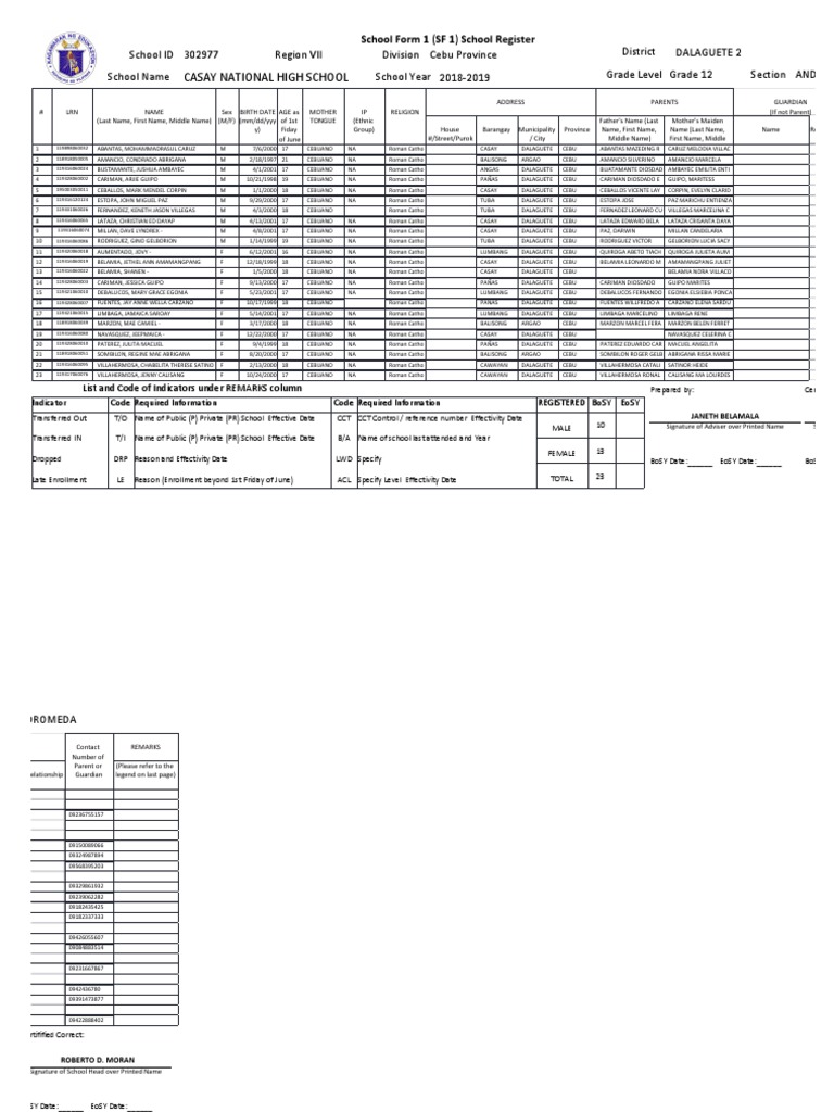 2018-2019 School Form 1 | PDF