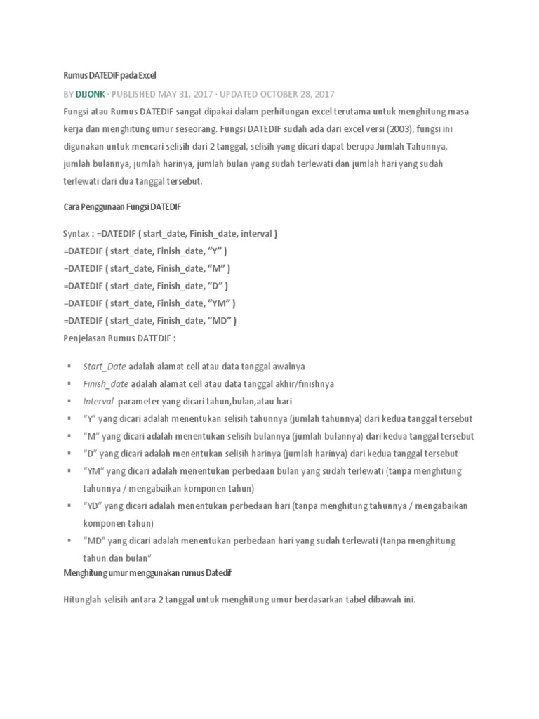 Panduan Rumus DATEDIF Excel | PDF | Pengelolaan Keuangan & Uang | Komputer