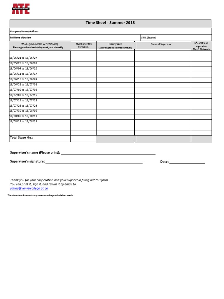 Time Sheet - Summer 2018: Company Name/Address | PDF