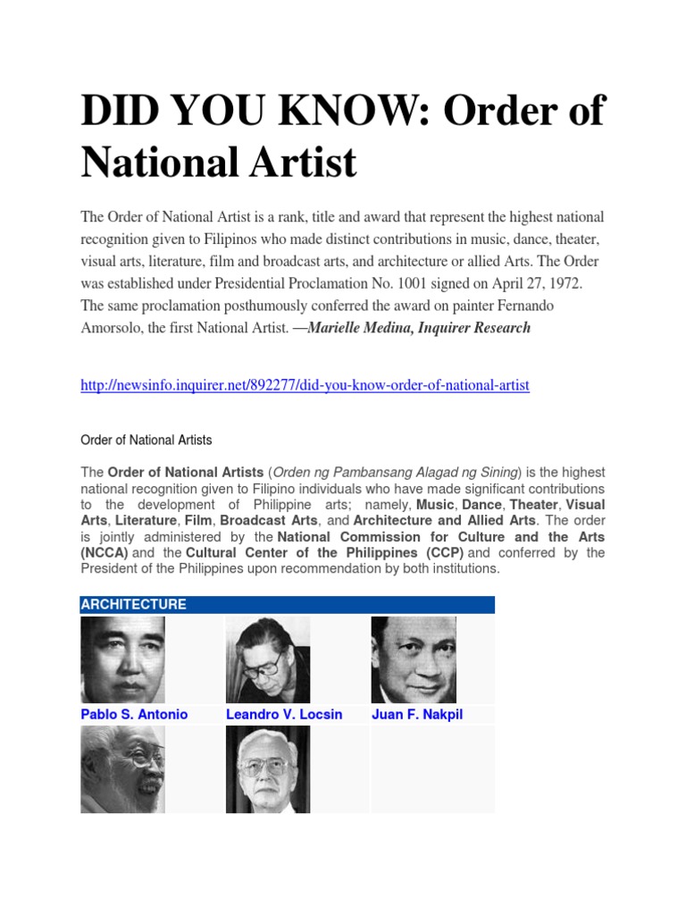 Order of National Artists Overview | PDF | Artists | Philippines