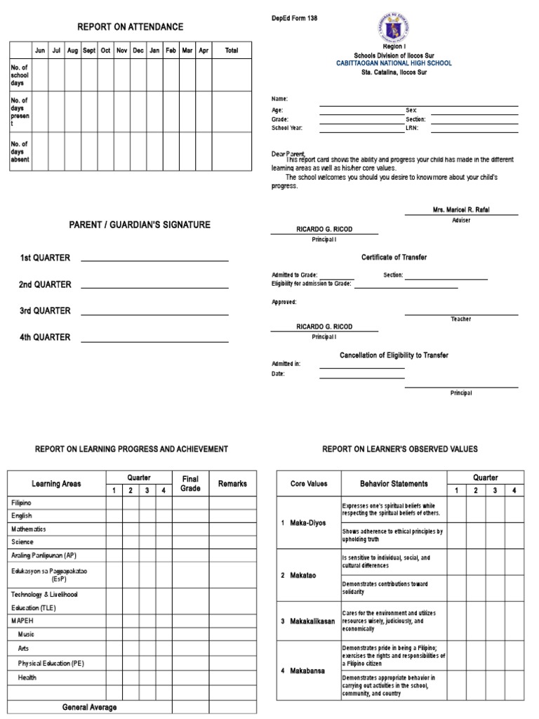 DepEd Form 138 | PDF | Behavior Modification | Psychology
