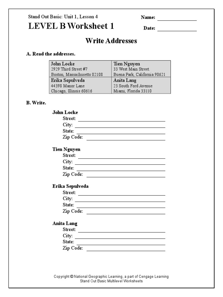 LEVEL B Worksheet 1: Write Addresses | PDF | Written Communication