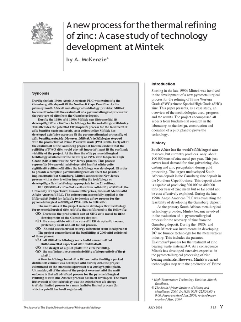 A New Process For The Thermal Refining of Zinc: A Case Study of ...
