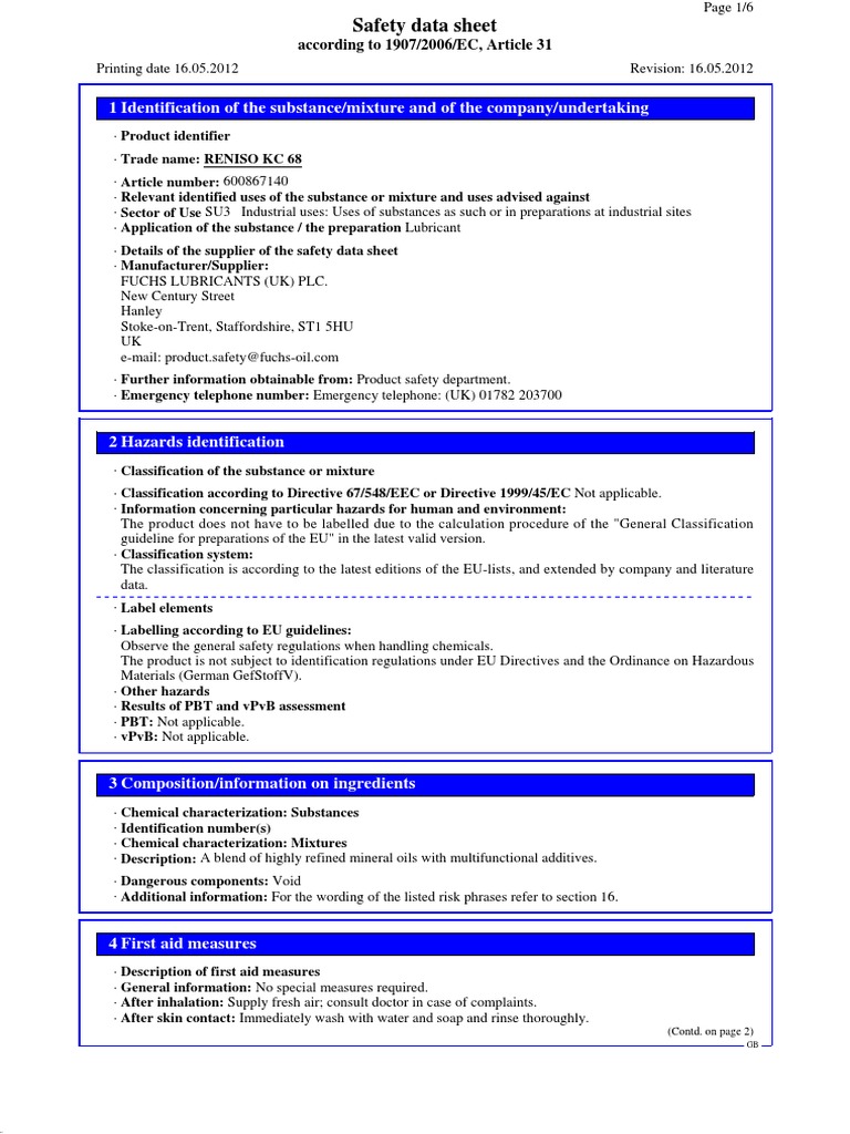 Fuchs Reniso KC 68 Sds | PDF | Chemistry | Materials