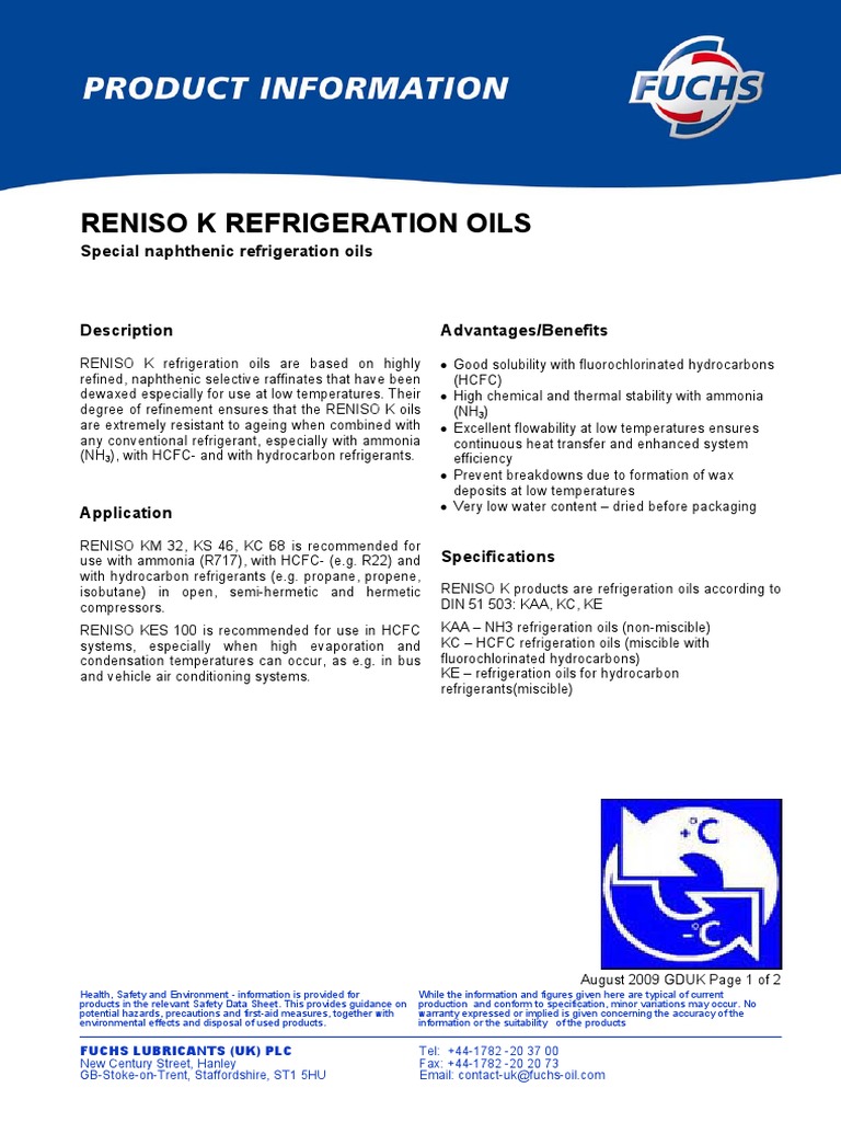 K Refrigeration Oils Reniso | PDF | Refrigeration | Chlorofluorocarbon