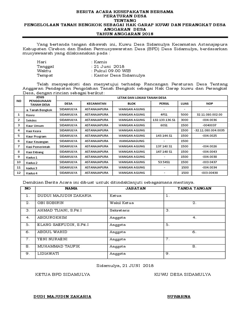 Berita Acara Kesepakatan Bersama Bengkok | PDF