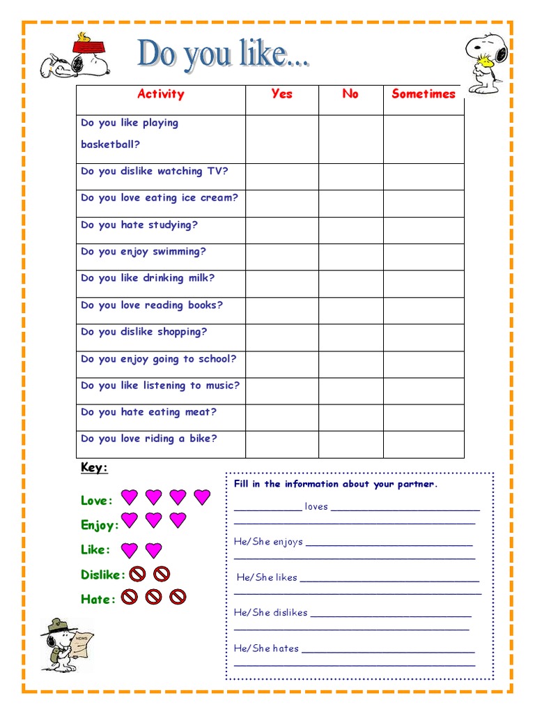 Activity Yes No Sometimes: Love: Enjoy: Like: Dislike: Hate | PDF
