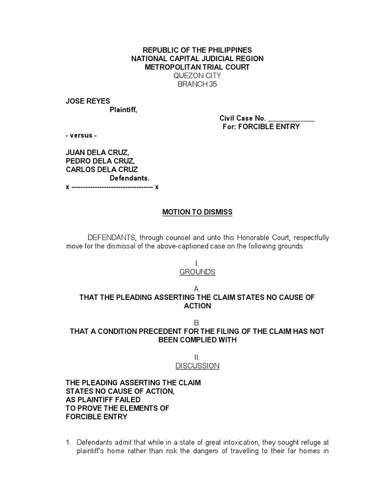 Forcible Entry Revised Motion To Dismiss | PDF | Pleading | Complaint