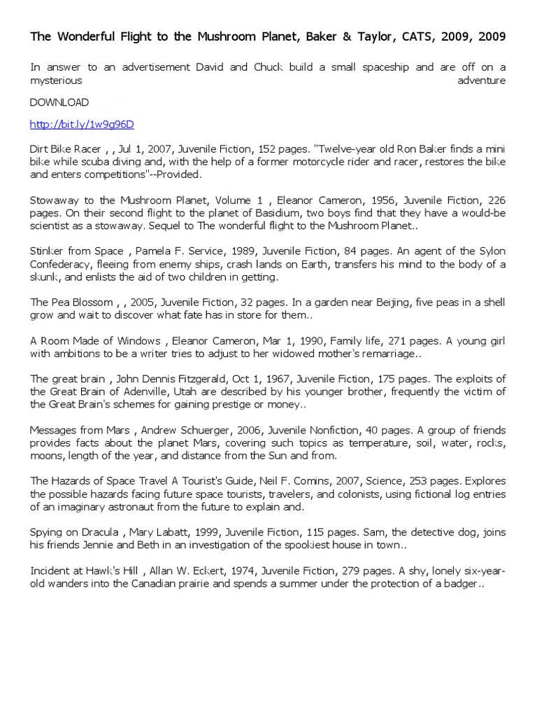 The Wonderful Flight To The Mushroom Planet | PDF