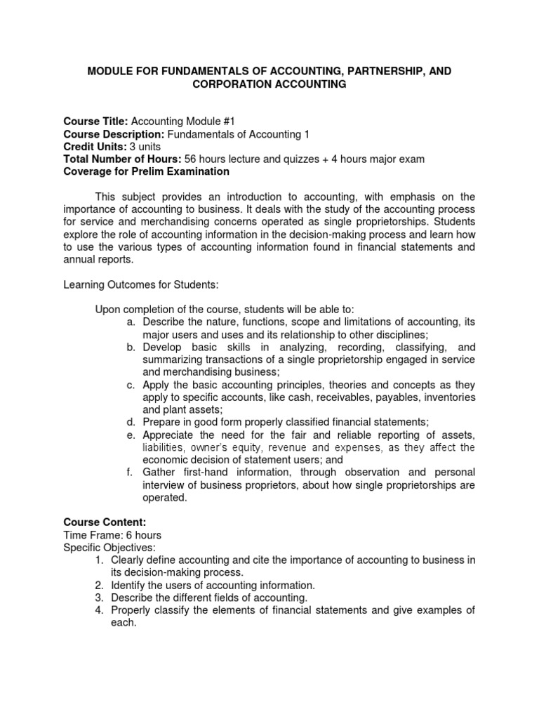 Module For Fundamentals of Accounting | PDF | Debits And Credits | Partnership