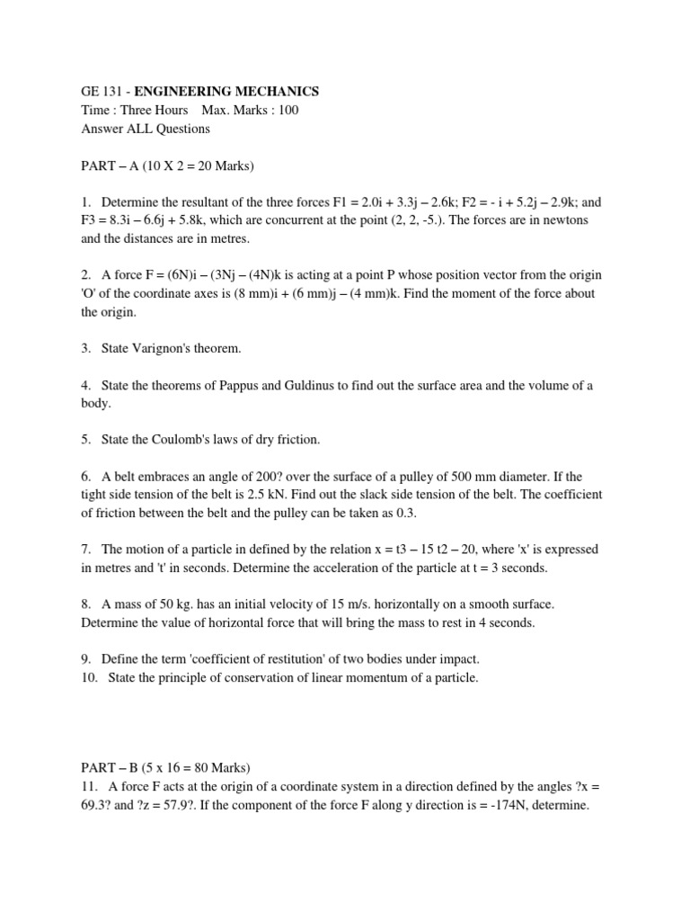 Ge 131 - Engineering Mechanics Question Bank | PDF | Friction | Force